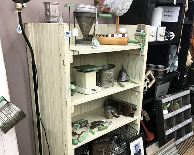 This mint-green collection of kitchen gadgets represents an era when cooking required muscle, not microwaves. Grandmother's workout equipment!