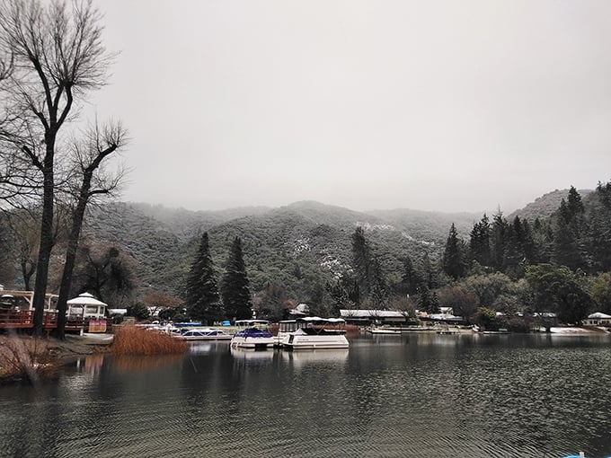 Winter brings a serene beauty to Clear Lake's shores, where boats rest peacefully against a backdrop of snow-dusted mountains.