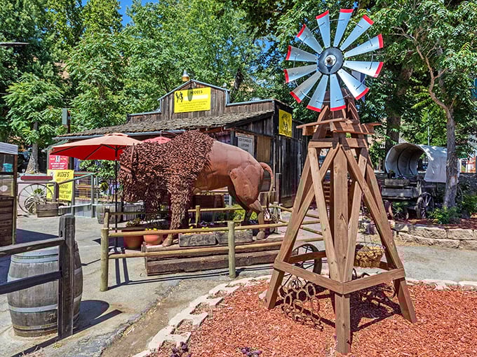 Where else can you find a decorative windmill and a wooden bear statue sharing real estate? Only in Gold Country, where whimsy is the local currency.