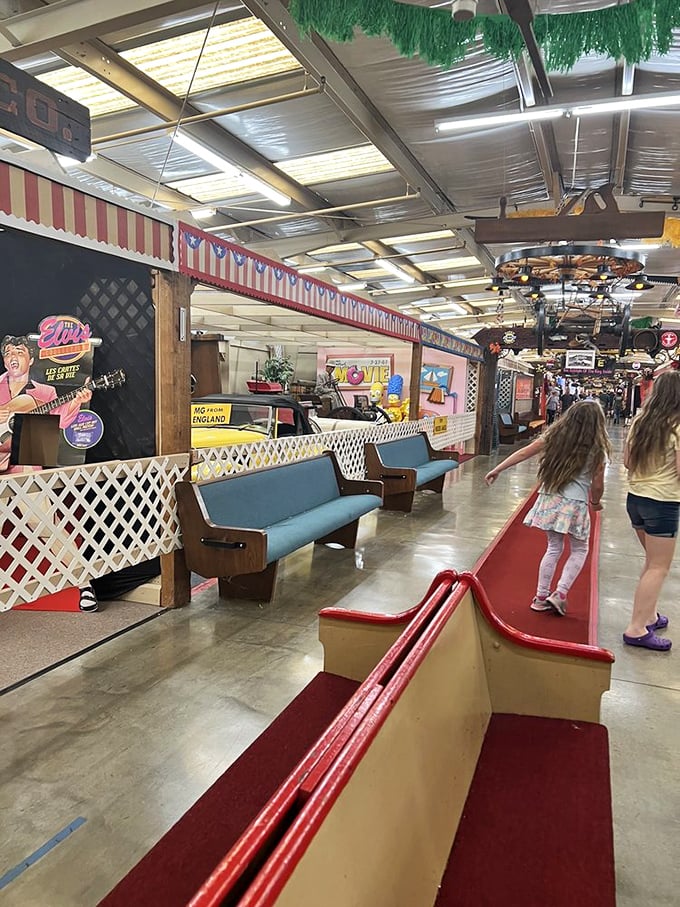 Retro bench seating and nostalgic decor create perfect rest stops between treasure hunts, where weary shoppers can plot their next discovery.
