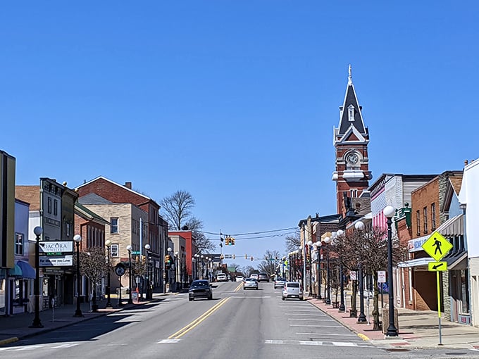 That clock tower isn't just telling time—it's narrating Clarion's story, chapter by chapter, as cars and pedestrians move through this living, breathing postcard.