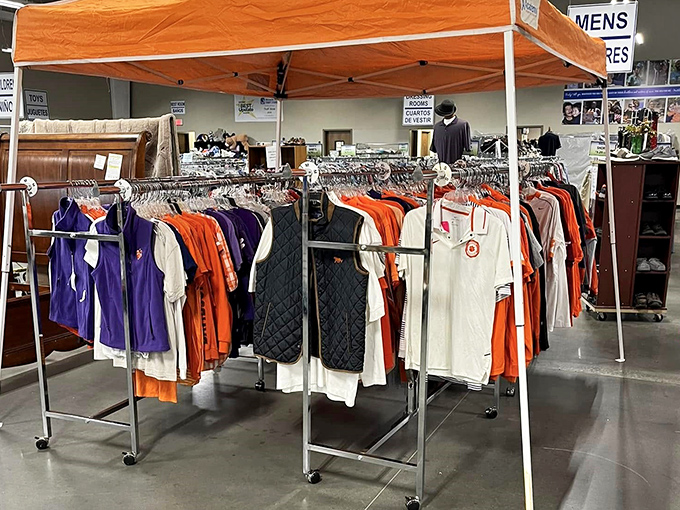 Clemson orange meets everyday essentials in the men's section. College loyalty runs deep in South Carolina, even in the secondhand clothing racks.