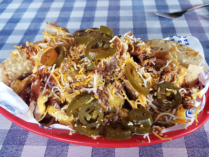 Nachos that refuse to be ignored. Each chip a brave soldier carrying its burden of cheese, jalapeños, and happiness to your eagerly waiting taste buds.