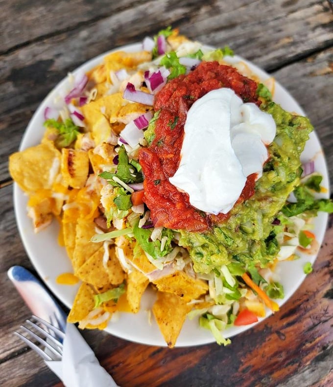 These nachos arrive loaded with enough toppings to make you question every sad gas station snack decision.