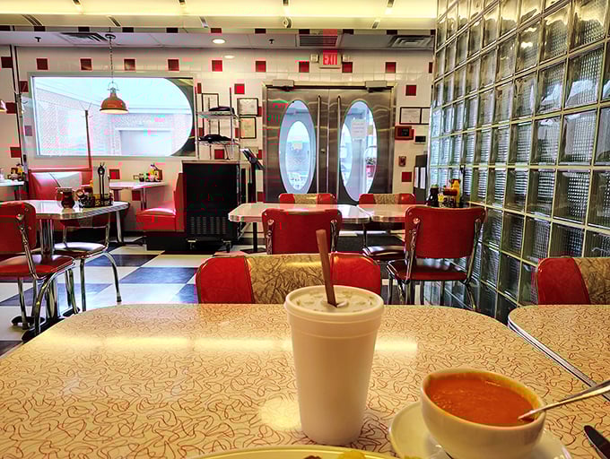 Through those oval windows, you can see the outside world—but why would you want to leave when there's coffee to be refilled and pie to consider?