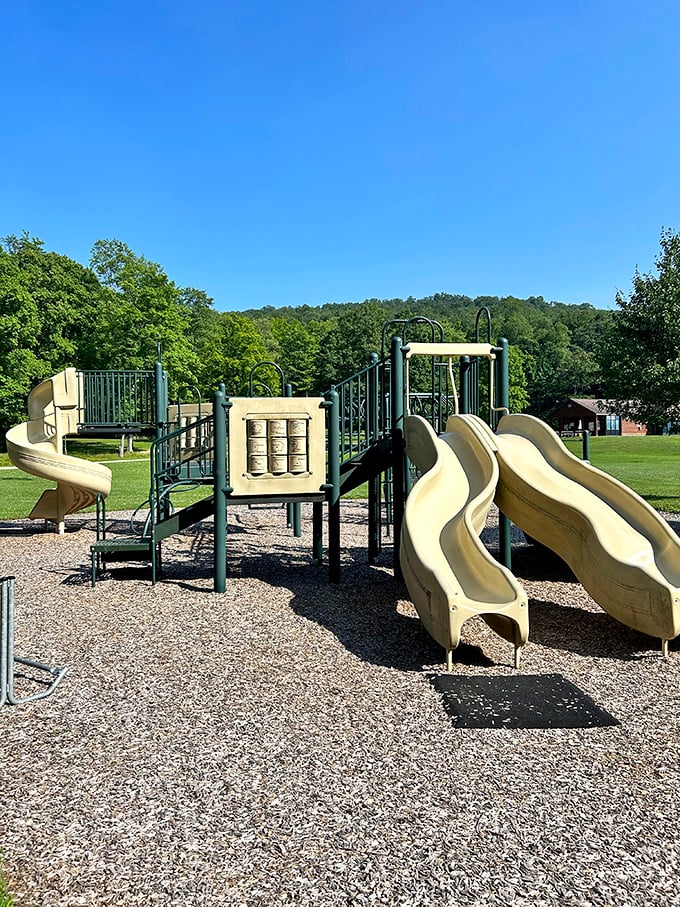 The universal language of childhood: see slide, must slide. This playground sits patiently waiting for tiny adventurers to transform it into mission control.