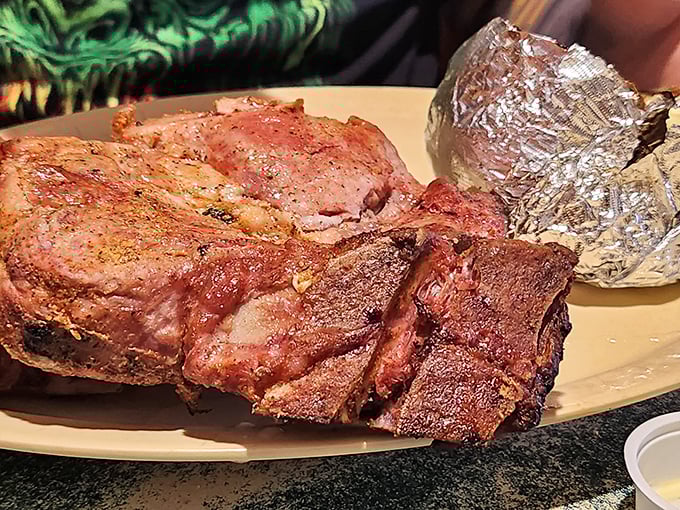The pork steak arrives like a delicious challenge – will you finish it or will it finish you?