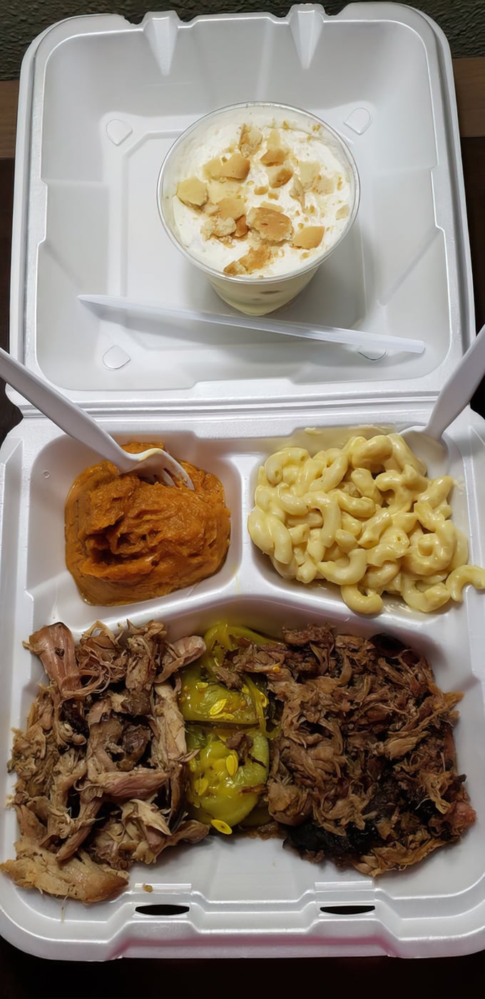A takeout container of pulled pork, mac and cheese, and sweet potatoes. The kind of meal that makes you want to hug the chef.