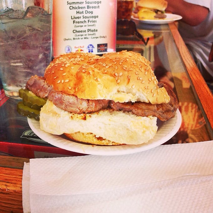 A sandwich that doesn't need fancy aioli or artisanal bread to make its point – just quality meat on a soft bun, the way nature intended.