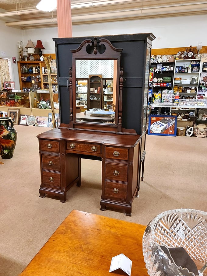 Not just a dresser but a time machine—imagine the faces that have gazed into this mirror over generations.