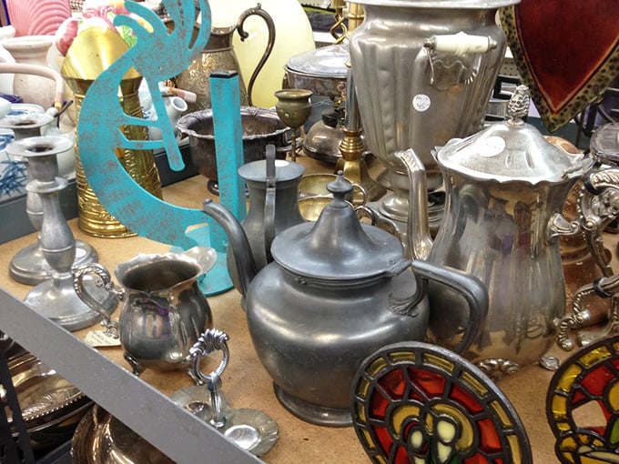 Metallic treasures gleaming under the lights—these vintage pots and serving pieces have hosted countless family dinners and holiday gatherings.