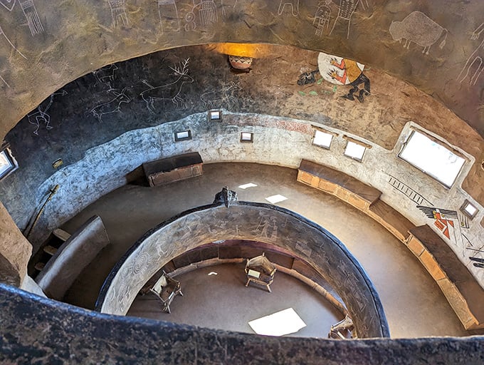 Looking down the spiral staircase feels like peering through time itself, each level revealing new artistic treasures.