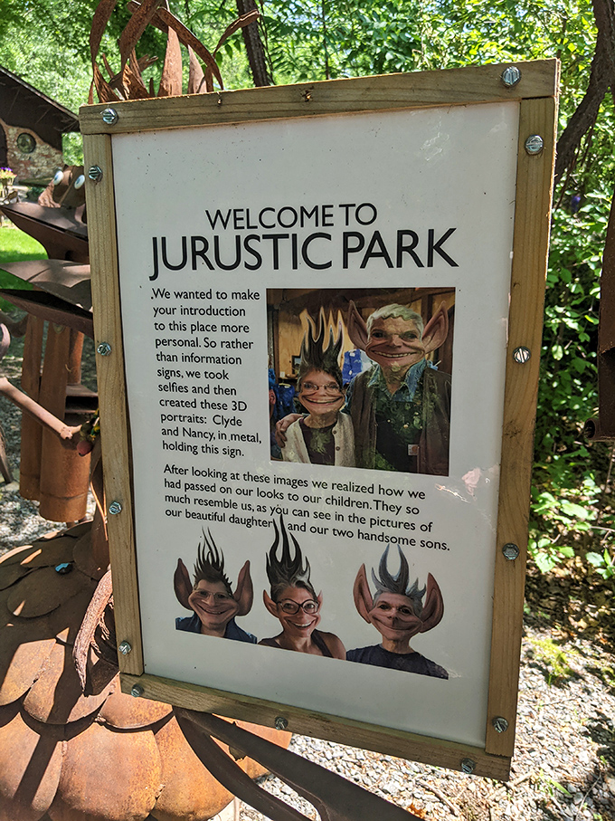 The welcome sign reveals the playful spirit behind Jurustic Park, where humor and creativity are as abundant as the metal sculptures.