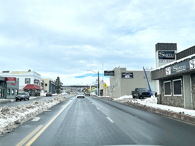 Winter in Susanville transforms Main Street into a postcard-worthy scene where snow actually enhances the commute rather than destroying it.