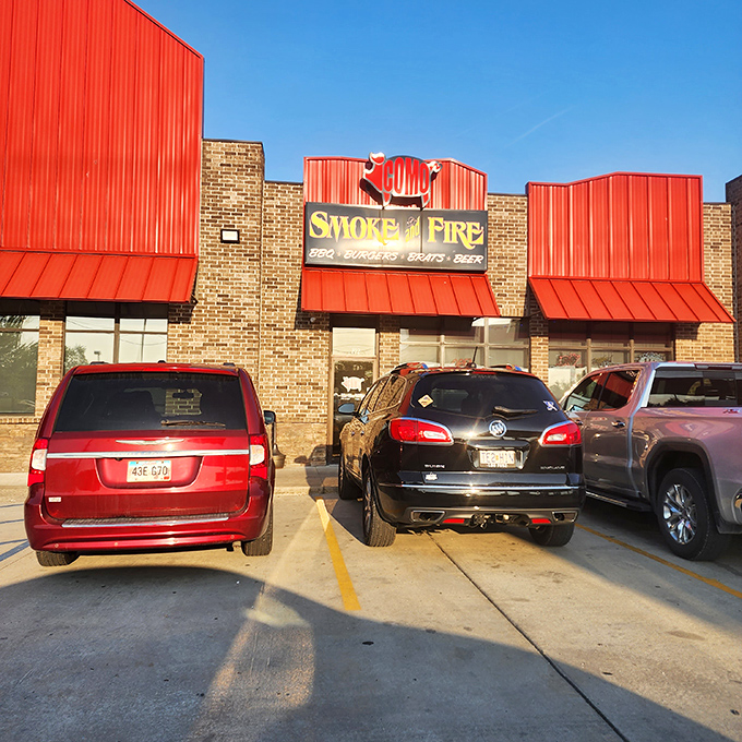 Como Smoke and Fire's modern take on BBQ tradition – where bright red awnings signal flavor adventures ahead.