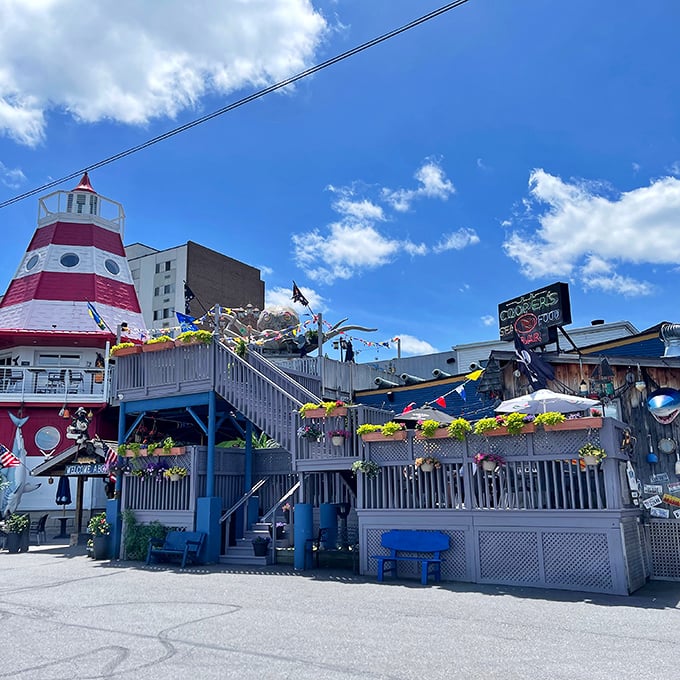 Cooper's multi-level seafood wonderland looks like a nautical theme park – complete with lighthouse and enough color to brighten any Scranton day.