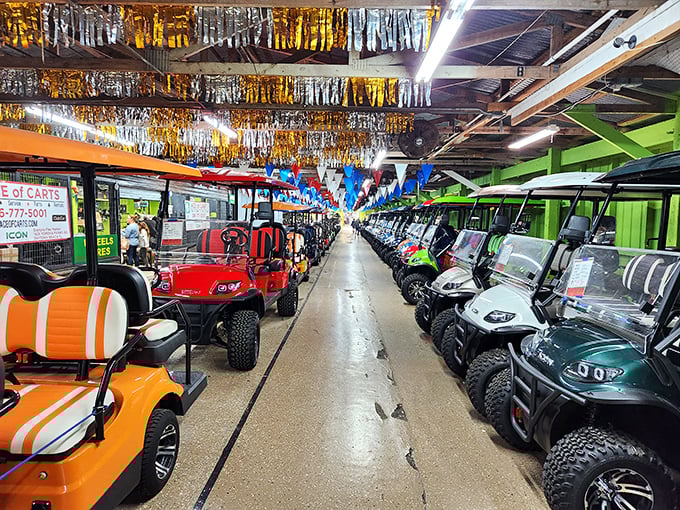 Golf carts parade like tiny chariots through this motorized shopper's paradise of endless discovery.