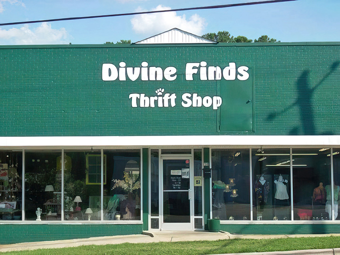 Divine Finds' turquoise exterior pops against the landscape—as refreshing as finding designer jeans with the tags still on.