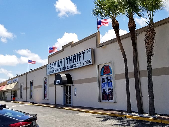 Family Thrift Store's classic storefront promises a no-frills, all-thrills treasure hunting experience.