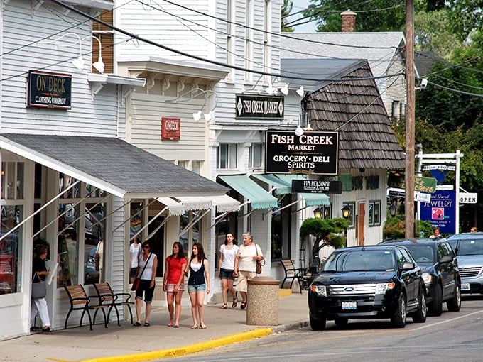 Fish Creek's downtown invites you to park the car, grab an ice cream cone, and remember what shopping was like before Amazon.