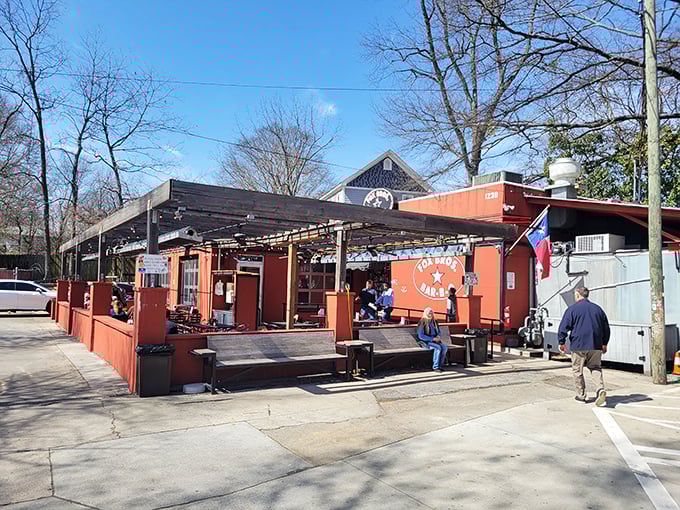 The covered patio at Fox Bros—where barbecue dreams and Atlanta afternoons come together in smoky harmony.