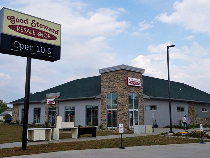 Good Steward's modern stone facade and welcoming sign invite shoppers to discover what treasures await inside.