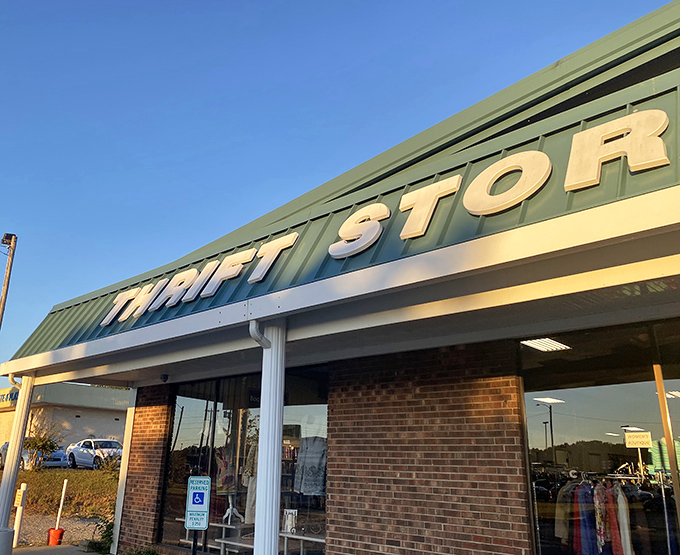 The InJoy Thrift Store sign promises exactly what you'll find inside—the pure joy of discovering something wonderful at a fraction of its price.