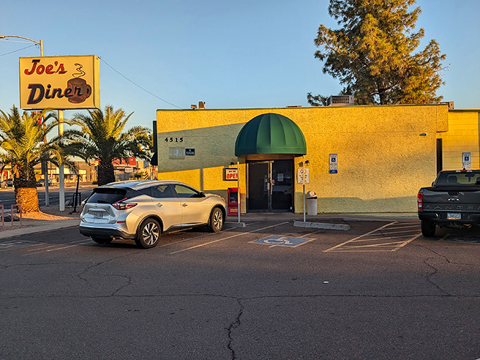 Joe's Diner's sunny yellow exterior stands out like a beacon of hope for the breakfast-deprived masses of Phoenix.