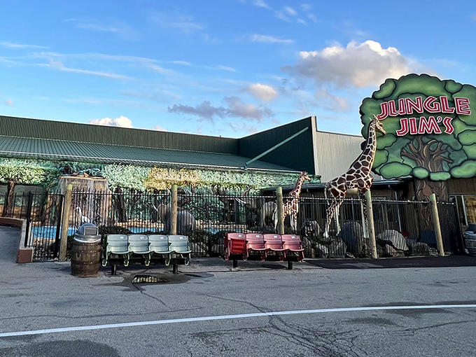 Safari shopping at its finest! Jungle Jim's exterior promises an adventure through global cuisine, complete with jungle creatures.