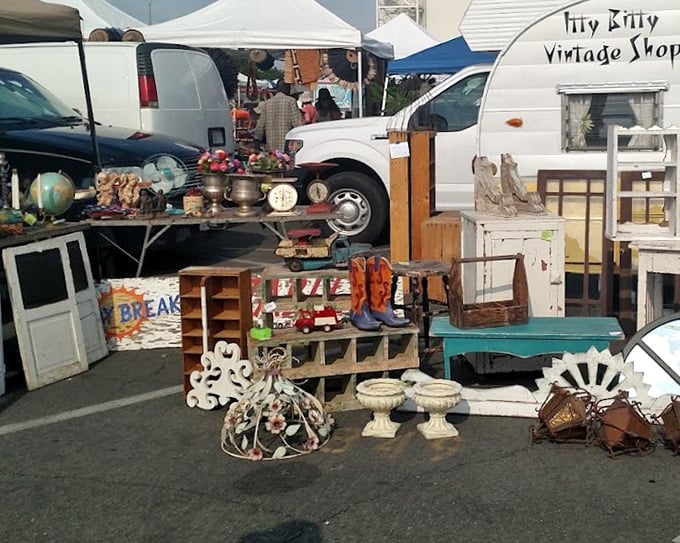 "Itty Bitty Vintage Shop" displays charming treasures from yesteryear—from cowboy boots to decorative urns—all waiting for new homes.