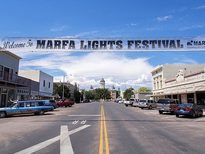 Marfa's main street, where the Lights Festival banner hints at the mysterious glow that's puzzled visitors for generations.