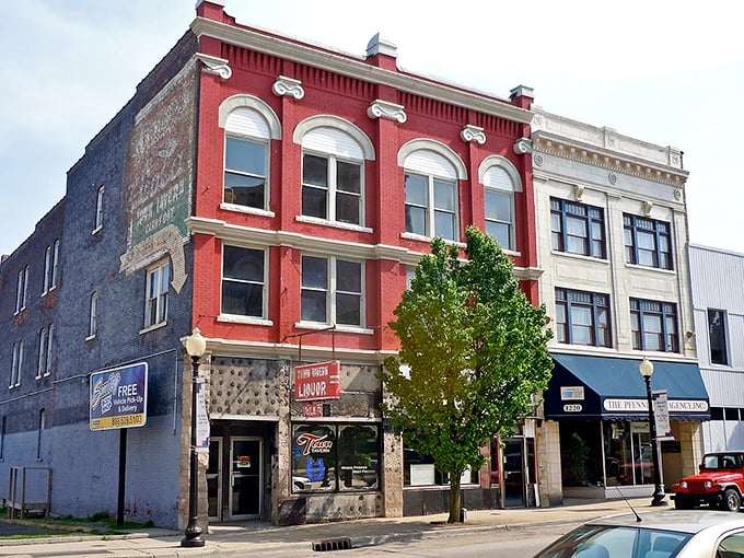 Charming historic buildings line the street in New Castle, showcasing unique architecture, local businesses, and a welcoming small-town atmosphere.