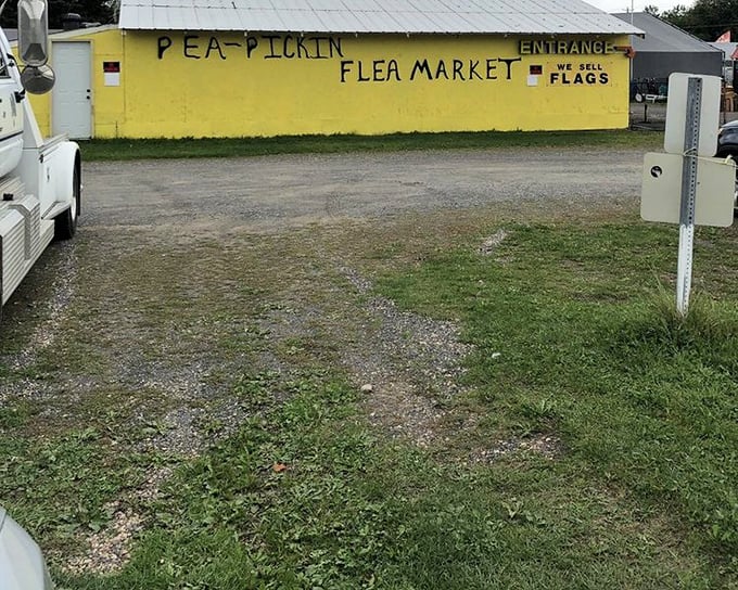 The sunshine-yellow entrance to Pea Pickin' Flea Market announces its down-home charm before you even step inside.
