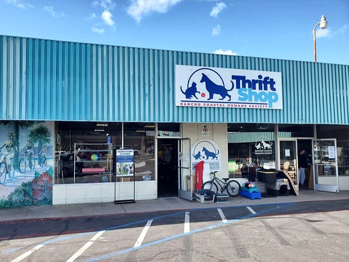 The turquoise building of Rancho Coastal Humane Society's thrift shop pops against the blue sky—as vibrant as the treasures waiting inside.
