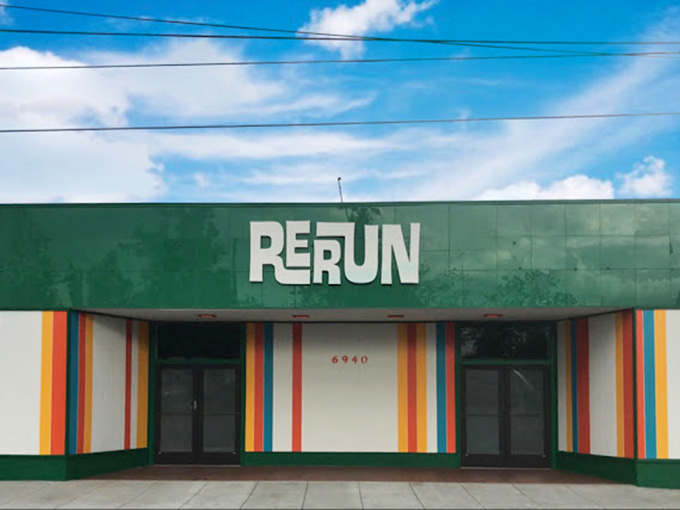 Rerun's rainbow-striped facade brightens even the cloudiest Portland day. Mid-century modern heaven wrapped in a Wes Anderson color palette.