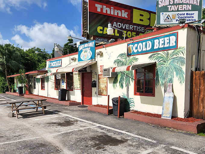 Sam's Hideaway's hand-painted palm trees and simple signage scream old Florida louder than any Jimmy Buffett song.