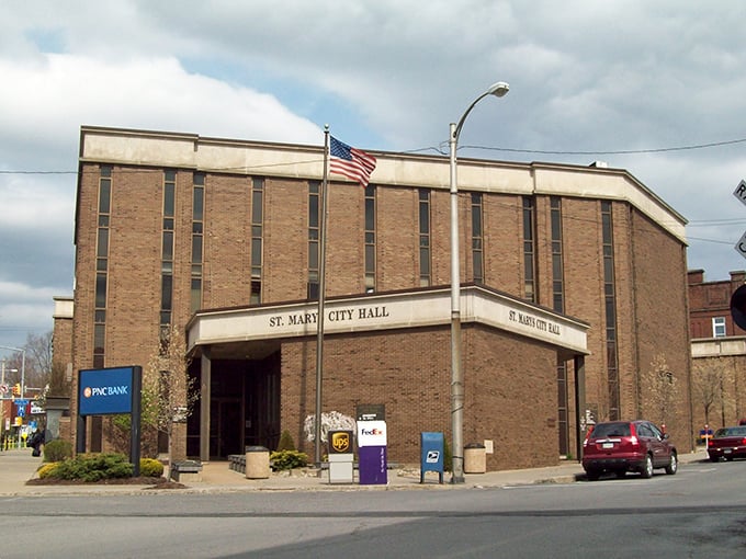 St. Marys' city hall stands as a no-nonsense testament to small-town governance, practical yet dignified.