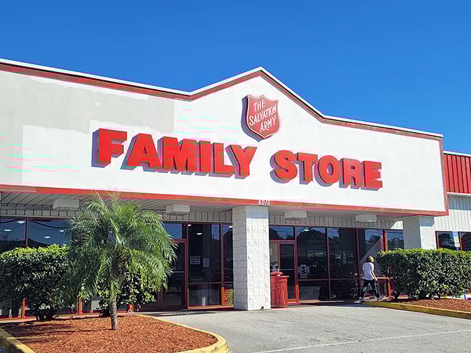 The Salvation Army's signature red shield welcomes bargain hunters to donation-driven deals.