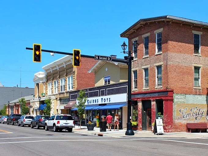 Tipp City's historic buildings stand shoulder to shoulder, their colorful facades like a lineup of distinguished elderly gentlemen in bright ties.
