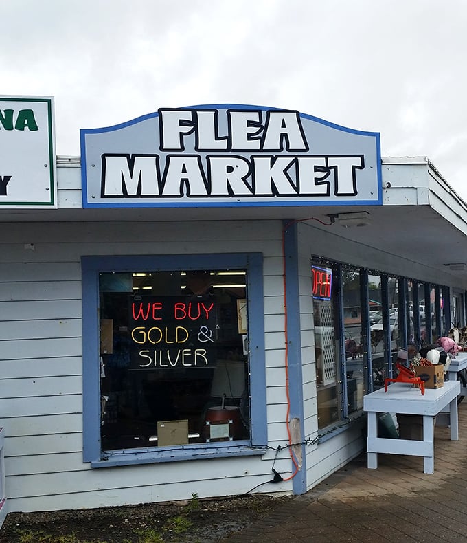 Waldport Flea Market's unassuming exterior hides a world of coastal treasures. Don't judge this book by its cover!