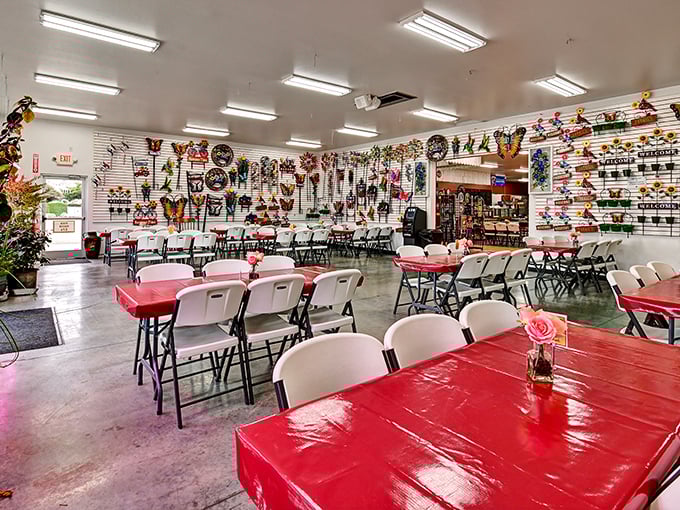 Walnut Creek's dining area—where red tablecloths signal a pause in treasure hunting and a celebration of Amish culinary traditions.