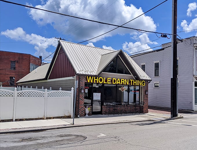 "Whole Darn Thing" isn't just a name—it's a promise delivered by this distinctive A-frame building in Meadville.