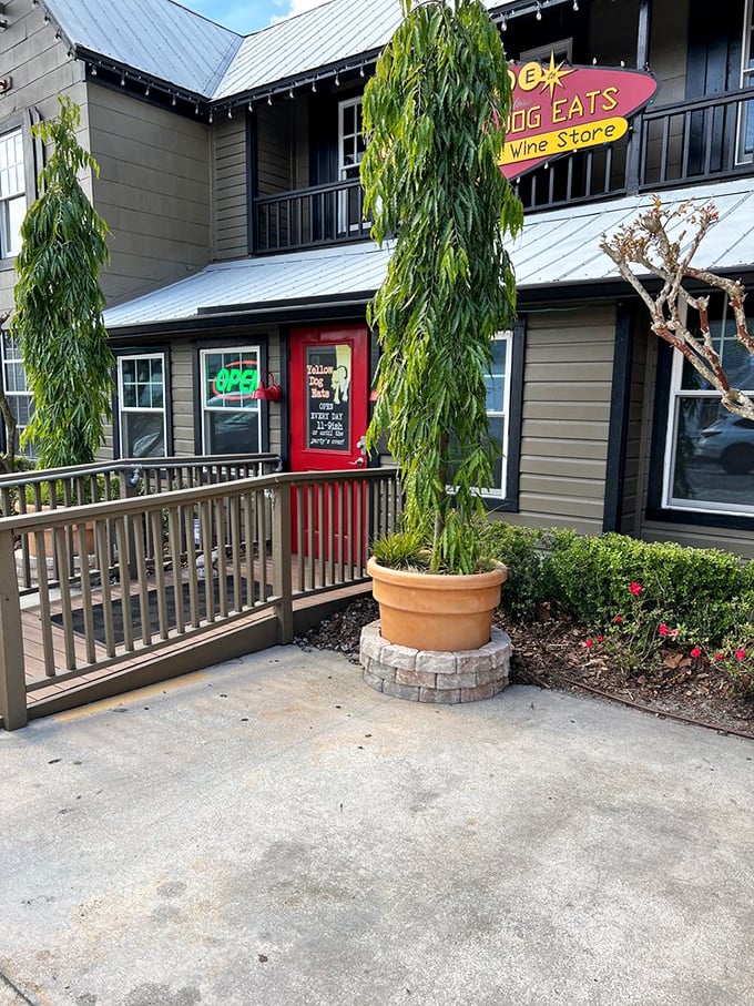 Yellow Dog Eats' charming exterior welcomes you with a pop of color. This isn't your average barbecue joint – and that's a good thing.