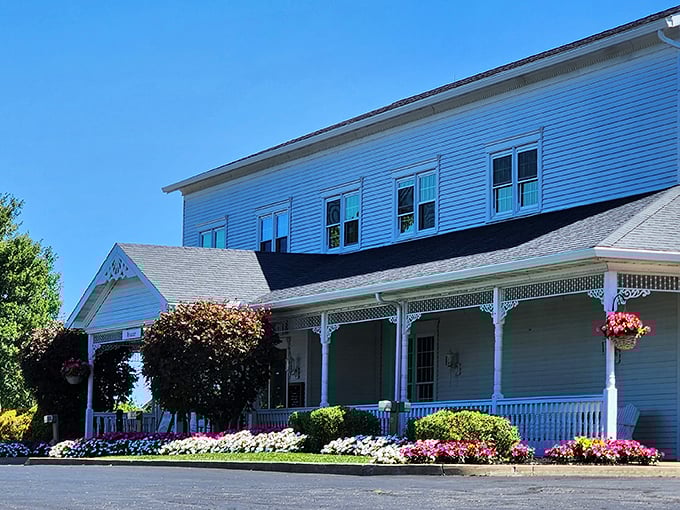 Sunshine highlights the Amish Door's immaculate facade. Inside those doors, calories don't count – I'm pretty sure that's science.