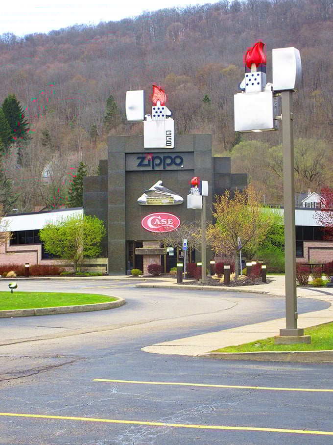 Bradford's Zippo lighter museum entrance features giant lighter sculptures, adding quirky charm to this affordable retirement destination in northern Pennsylvania.