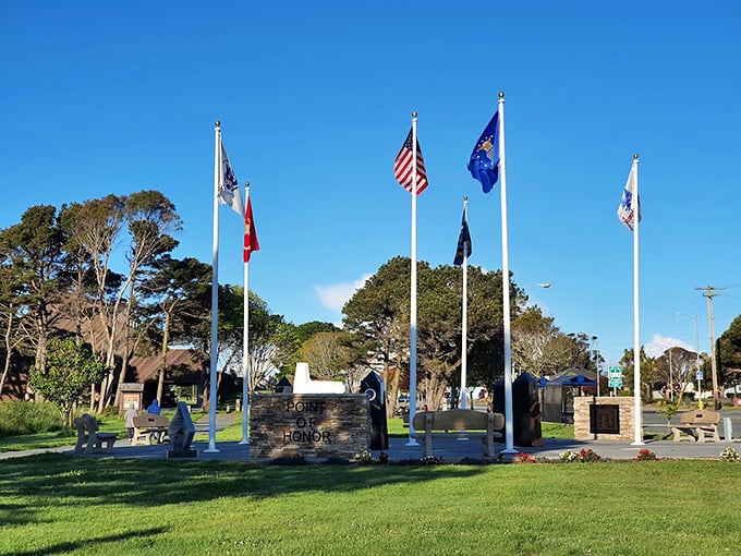 Flags flutter at Crescent City's Veterans Memorial, honoring those who served with the steady presence of old friends gathering.