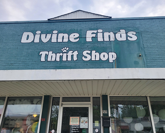 The cheerful signage of Divine Finds promises exactly what it delivers—treasures that seem heaven-sent to your wallet.