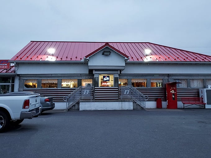 Twilight at D's Diner – when the lights inside glow with the promise of hot coffee and warm conversation.