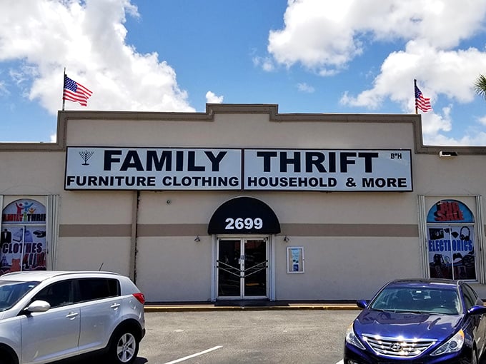 The American flags add a patriotic touch to this bargain hunter's paradise – shopping that feels downright American.