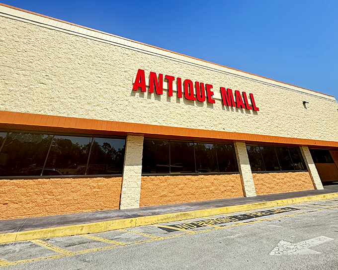 Florida's Antique Mall's simple exterior hides complex treasures – like finding a first-edition Hemingway in a dollar paperback bin.